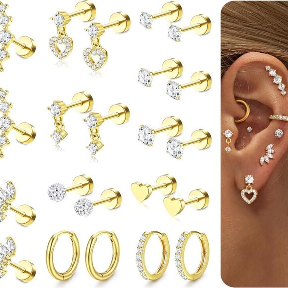Jewelry | Flat Back Earrings Set Hypoallergenic Sterling Steel Women ...